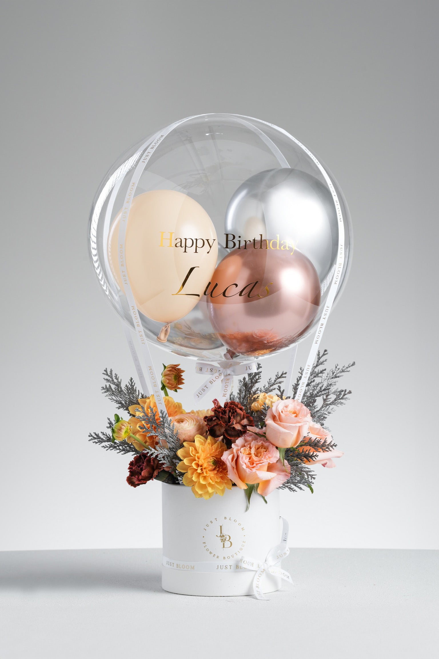 Briana – Peach & Gold Balloon Flower Box | Elegant Celebration Gift by ...